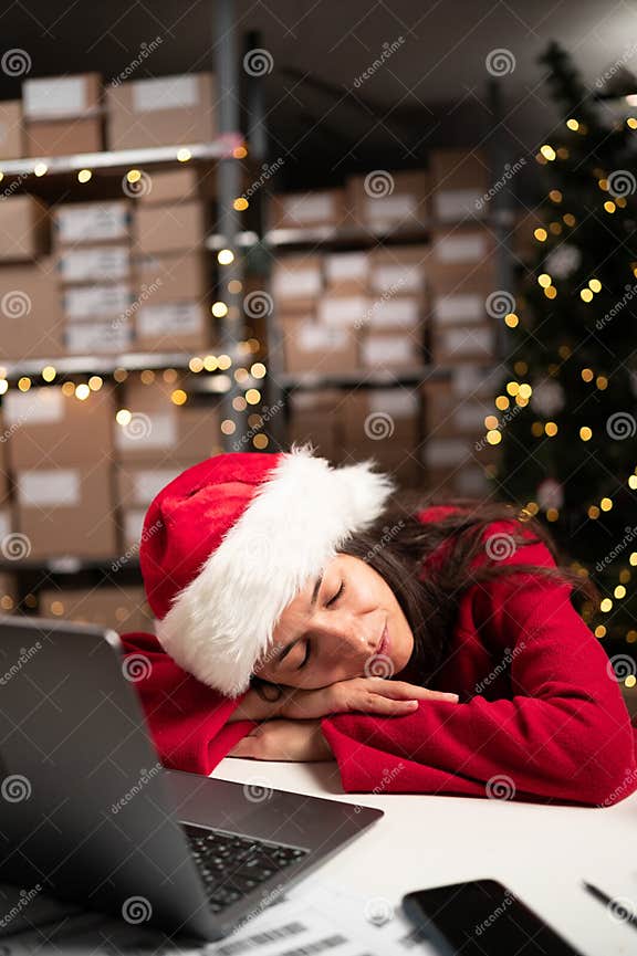 Warehouse Worker Sleeping while Working on Personal Computer, Preparing ...