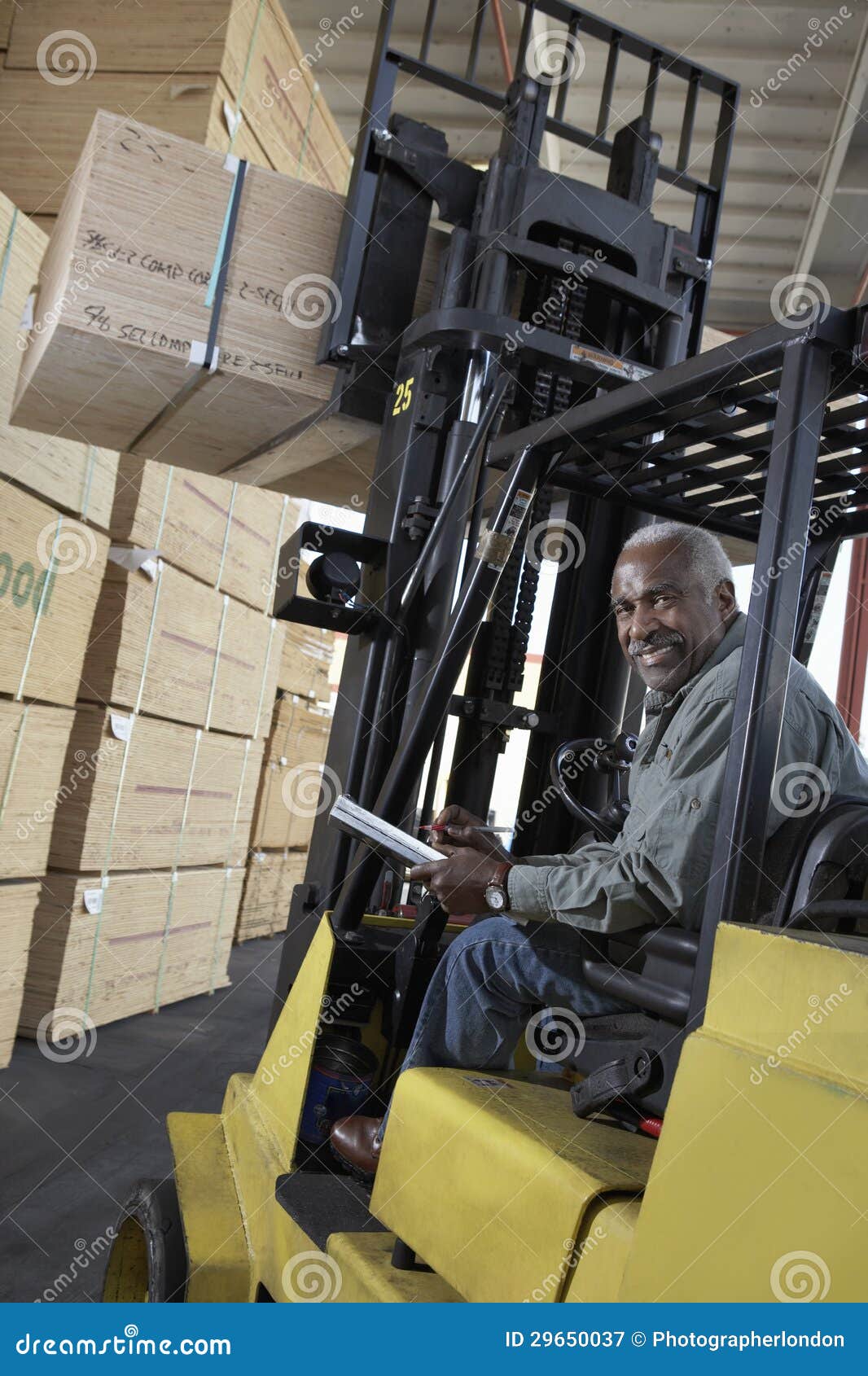 Warehouse Worker Stacking Wood by Forklift Stock Image - Image of ...