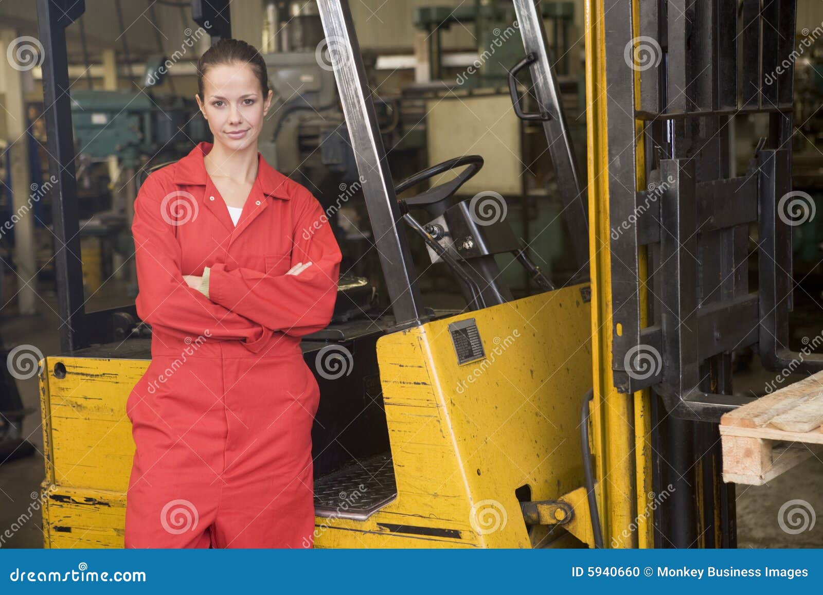 Warehouse Worker Standing by Forklift Stock Photo - Image of camera ...
