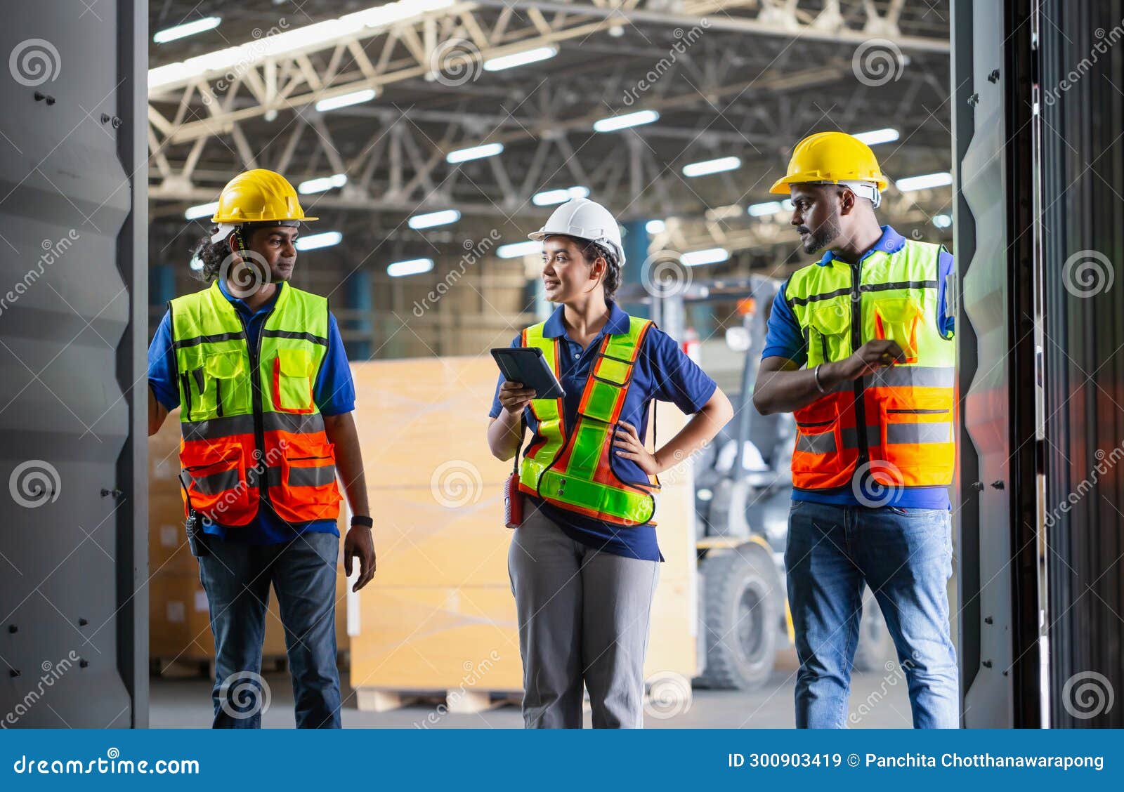 Warehouse Worker Team Checking Containers Boxes, Foreman Workers Team ...