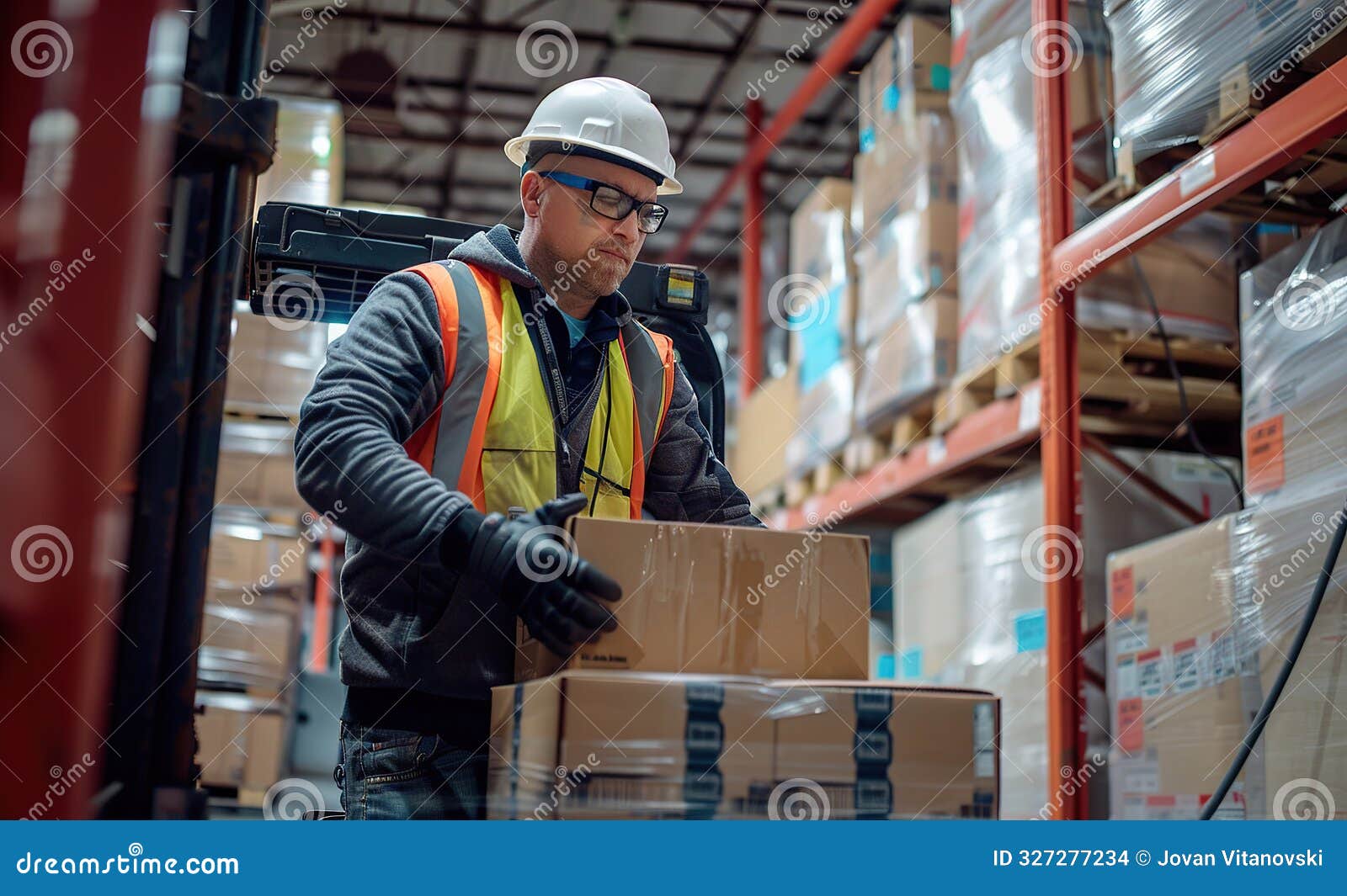 Warehouse Worker Unloading Boxes from Pallet in Industrial Storage ...