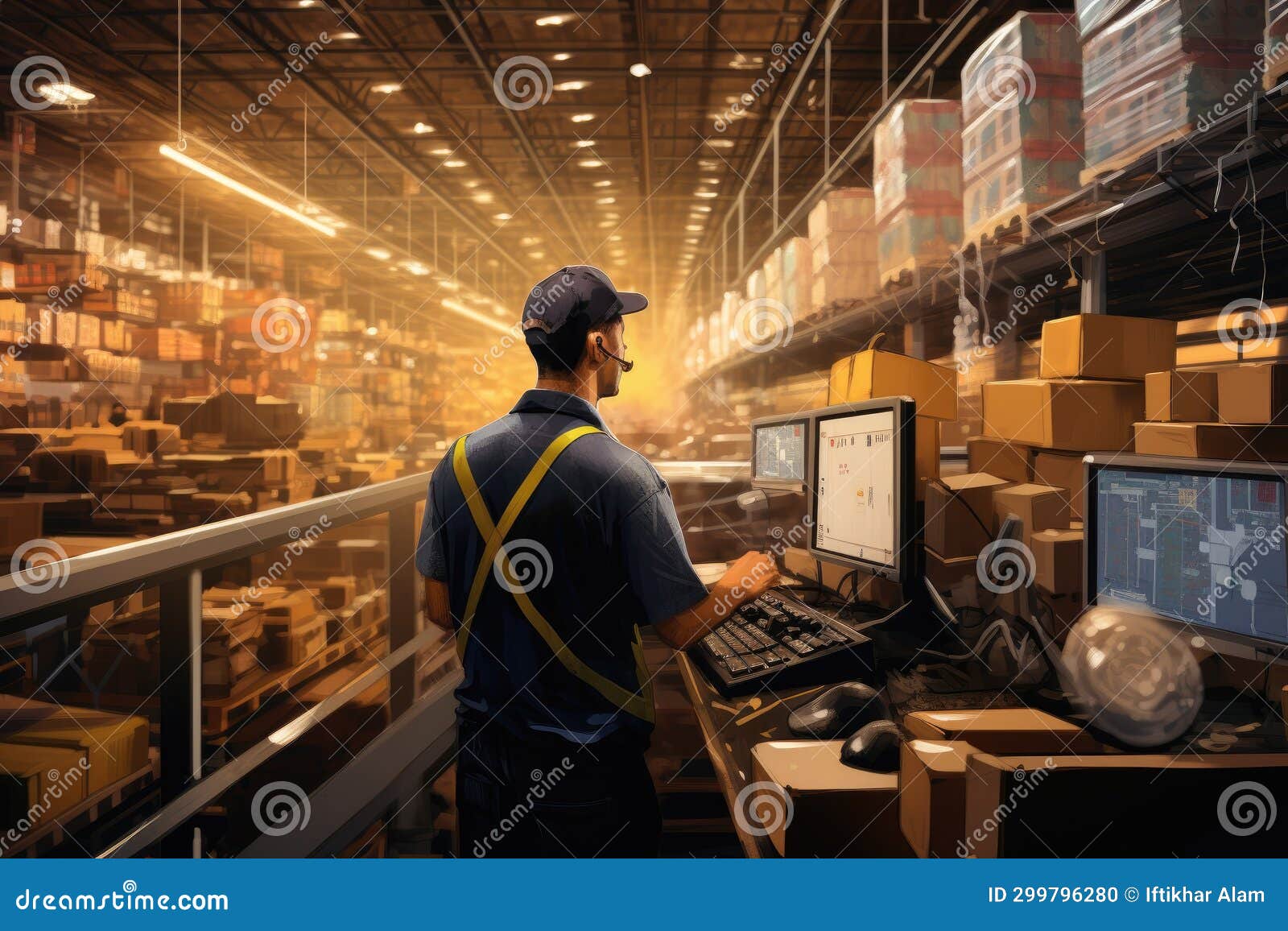 Warehouse Worker Using Computer at Warehouse. this is a Freight ...