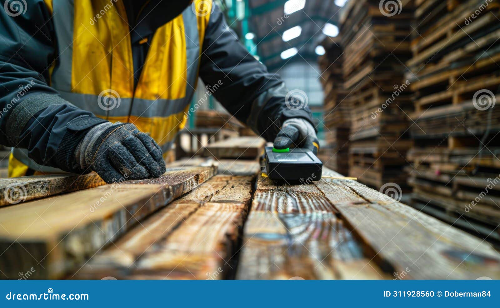 Warehouse Worker Using a Handheld Scanner on Lumber for Inventory Stock ...