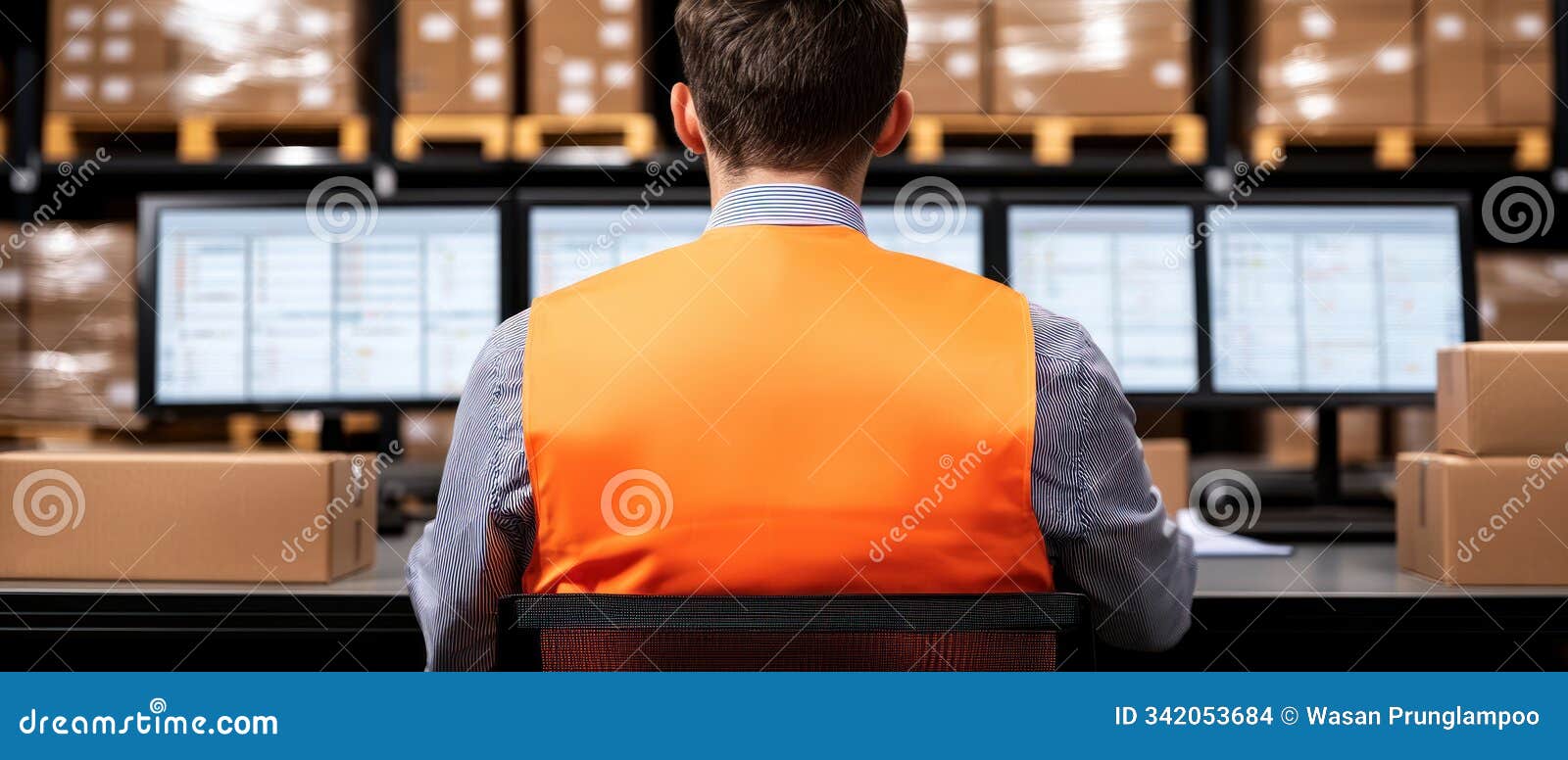 Warehouse Worker Wearing Safety Vest Working on Computer, White ...