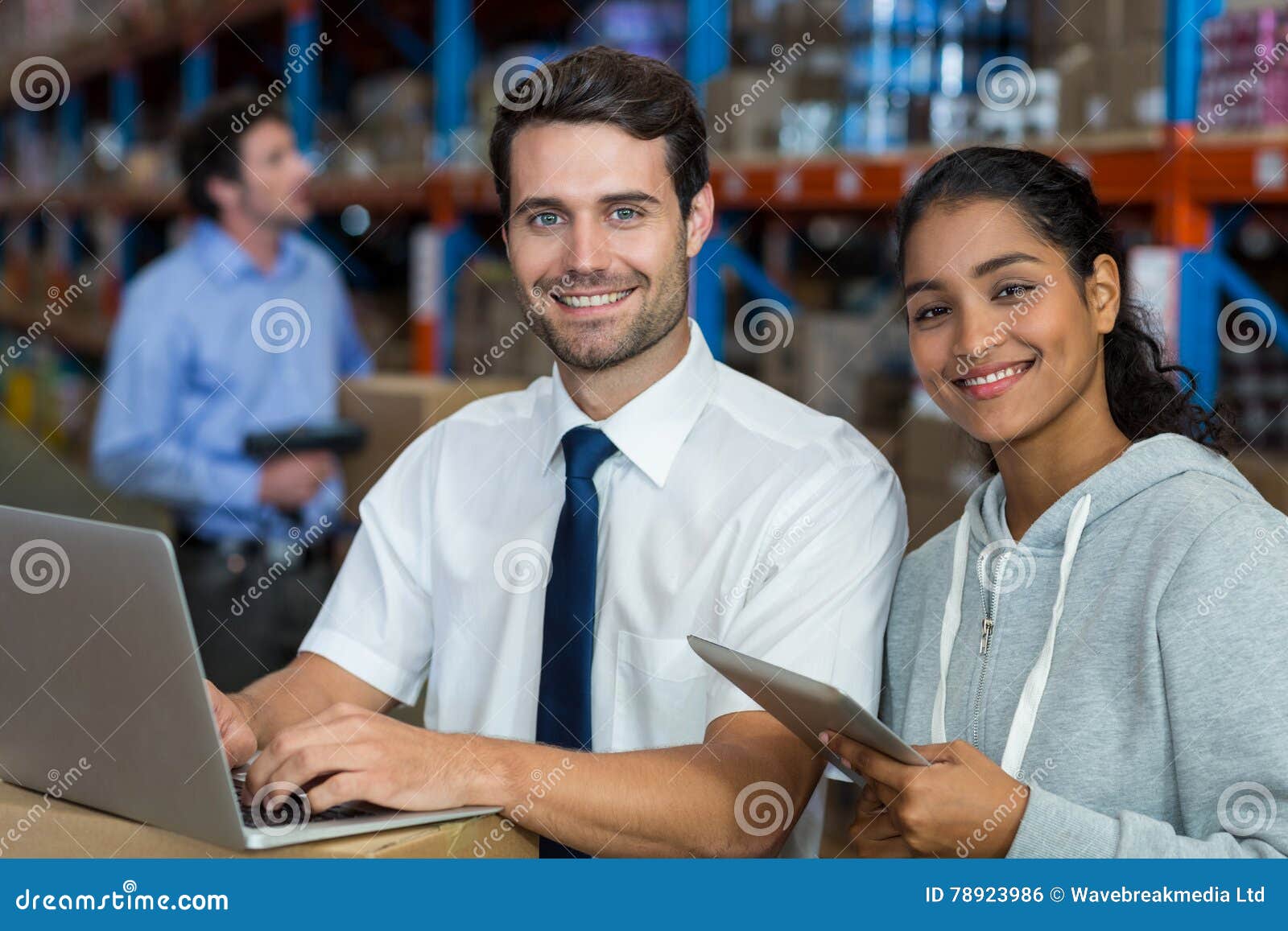 Warehouse Worker Working Laptop and Digital Tablet Stock Photo - Image ...