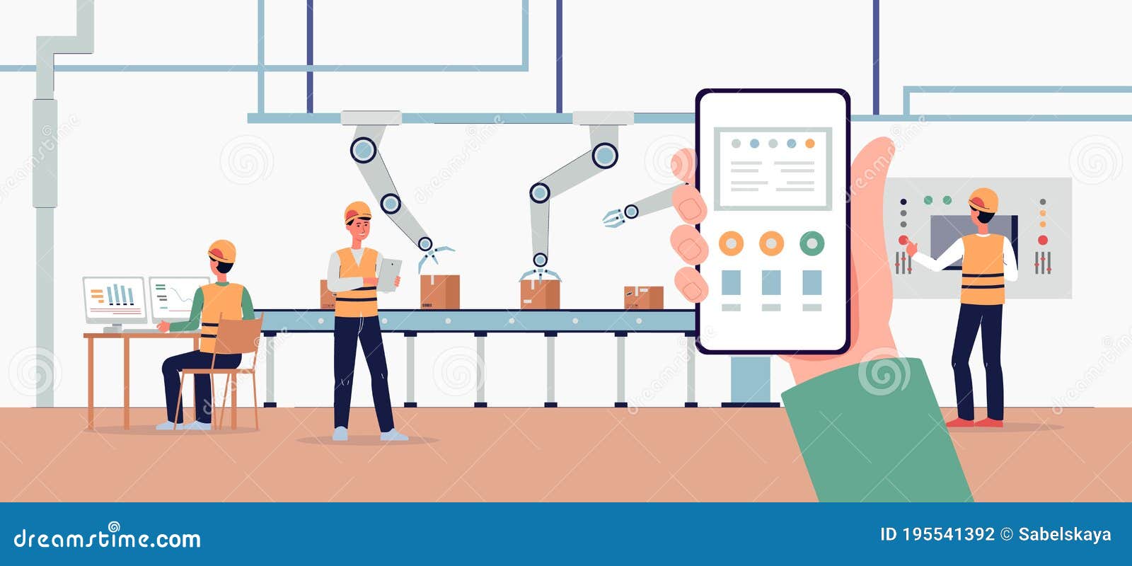 Warehouse Workers Controlling Automated Robotic Line, Flat Vector ...