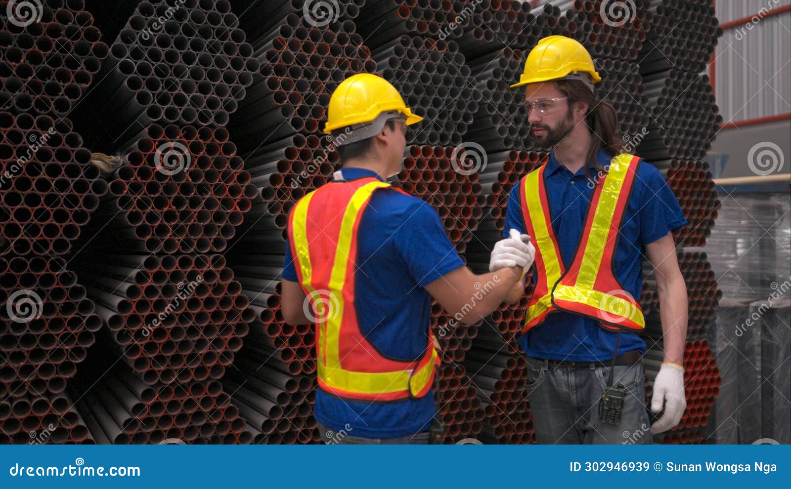 Warehouse Workers in Hard Hats and Helmets, Inspect and Count Steel ...