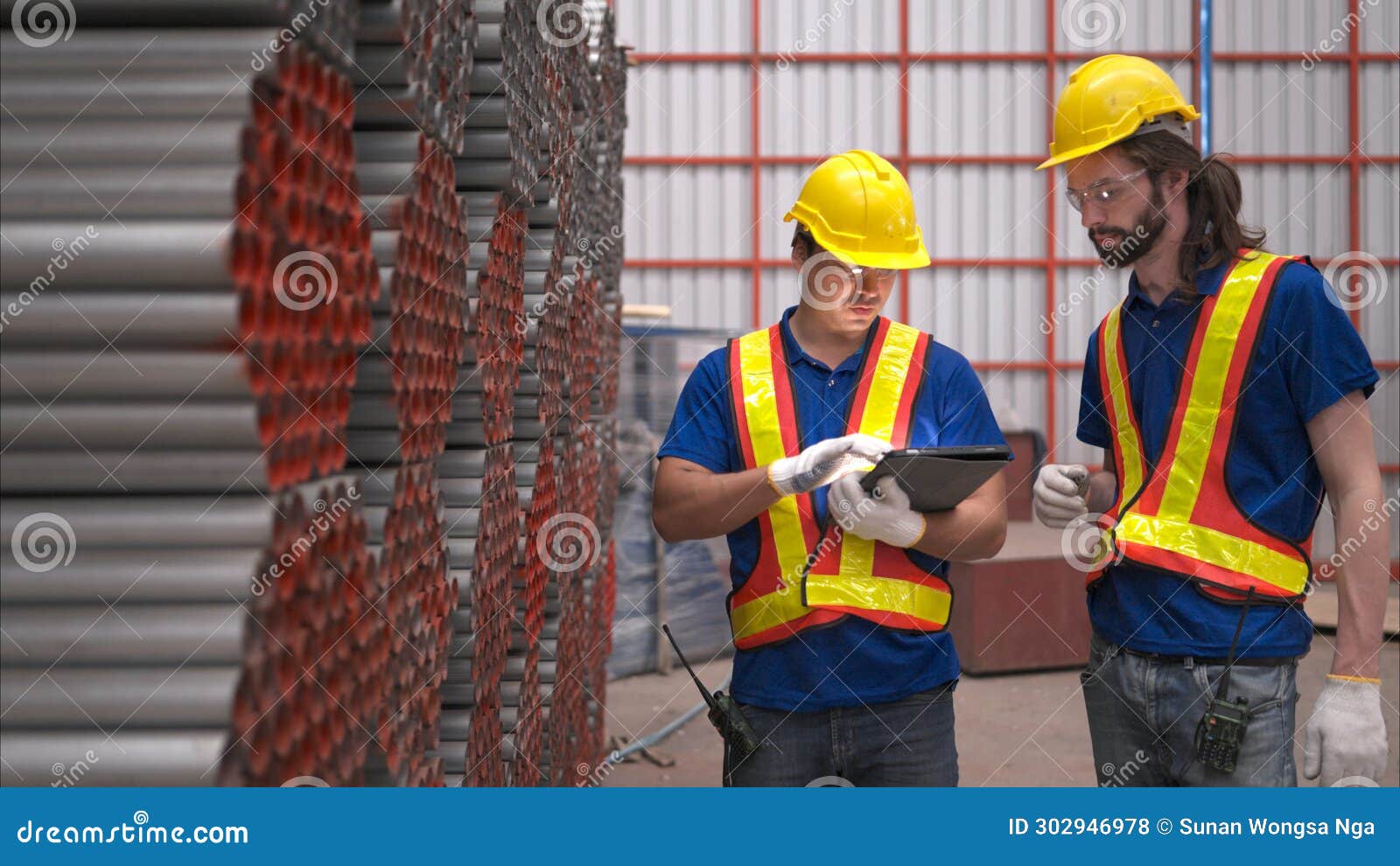 Warehouse Workers in Hard Hats and Helmets, Inspect and Count Steel ...