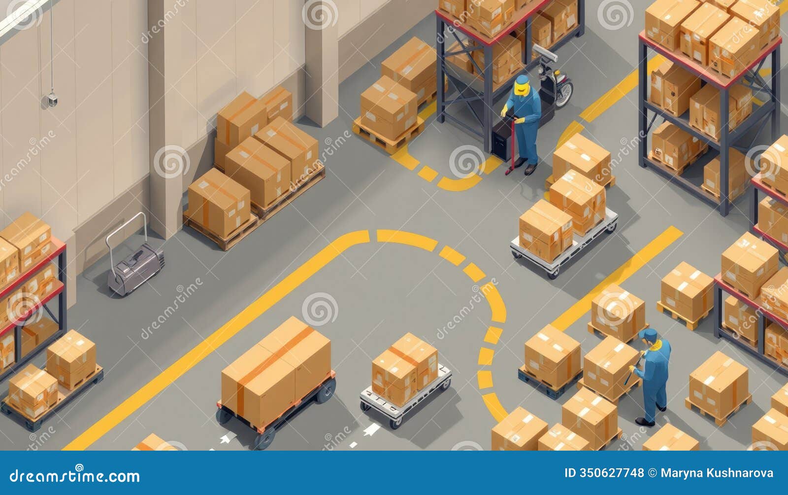 Warehouse Workers Move Packages on Trolleys, Forklifts. Efficient ...