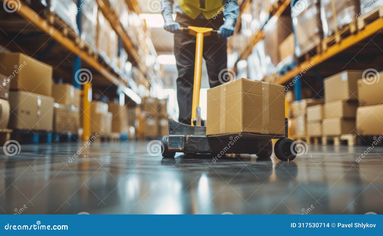 Warehouse Workers Pulling a Pallet Truck. Stock Photo - Image of ...