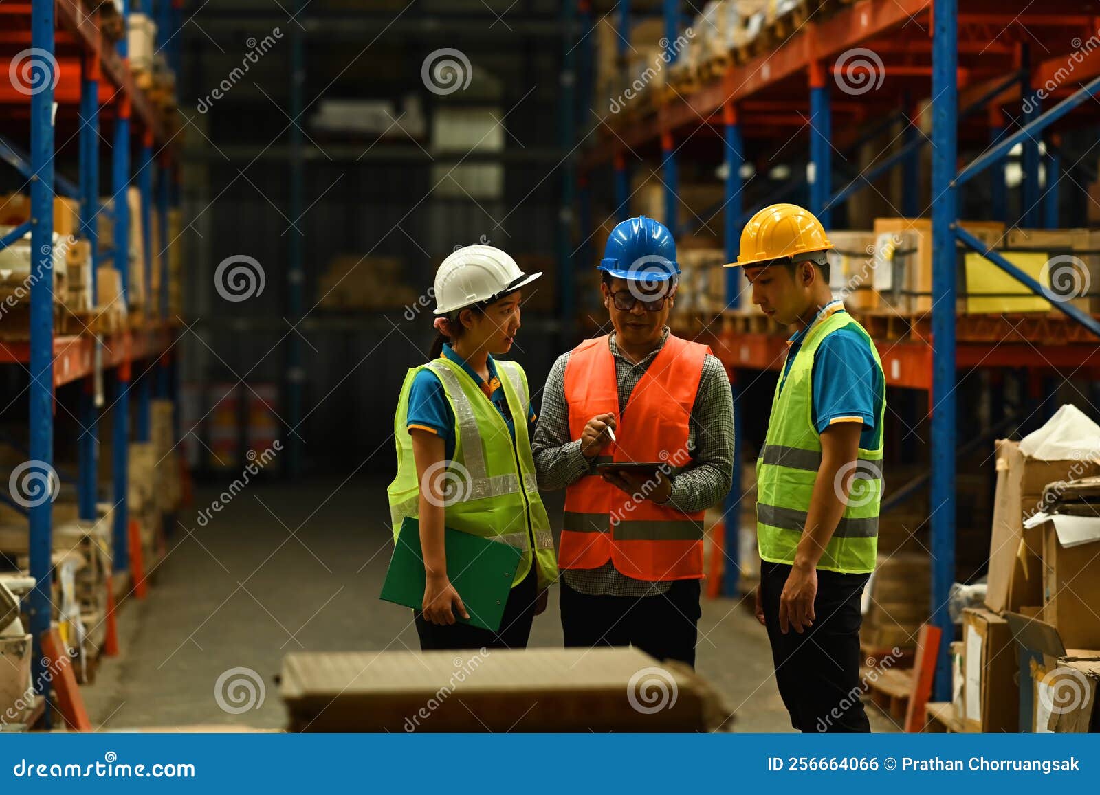 Warehouse Workers in Safety Uniform Working in Warehouse Full of Tall ...