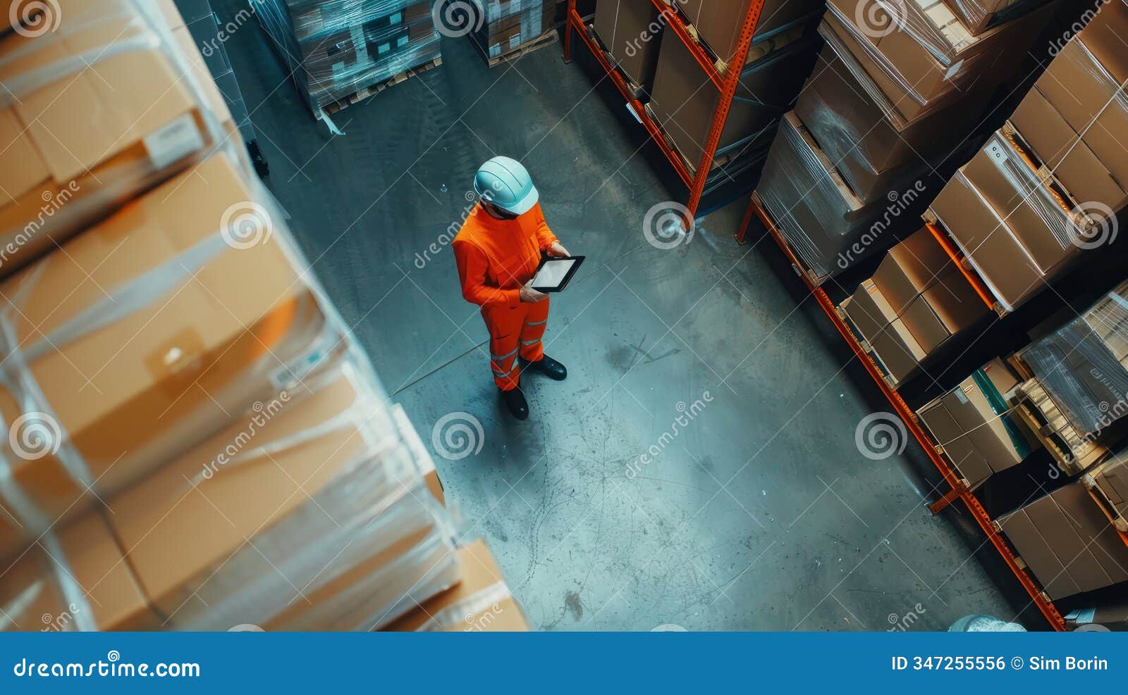 Warehouse Workers in Uniforms Using Tablets and Forklifts Stock ...