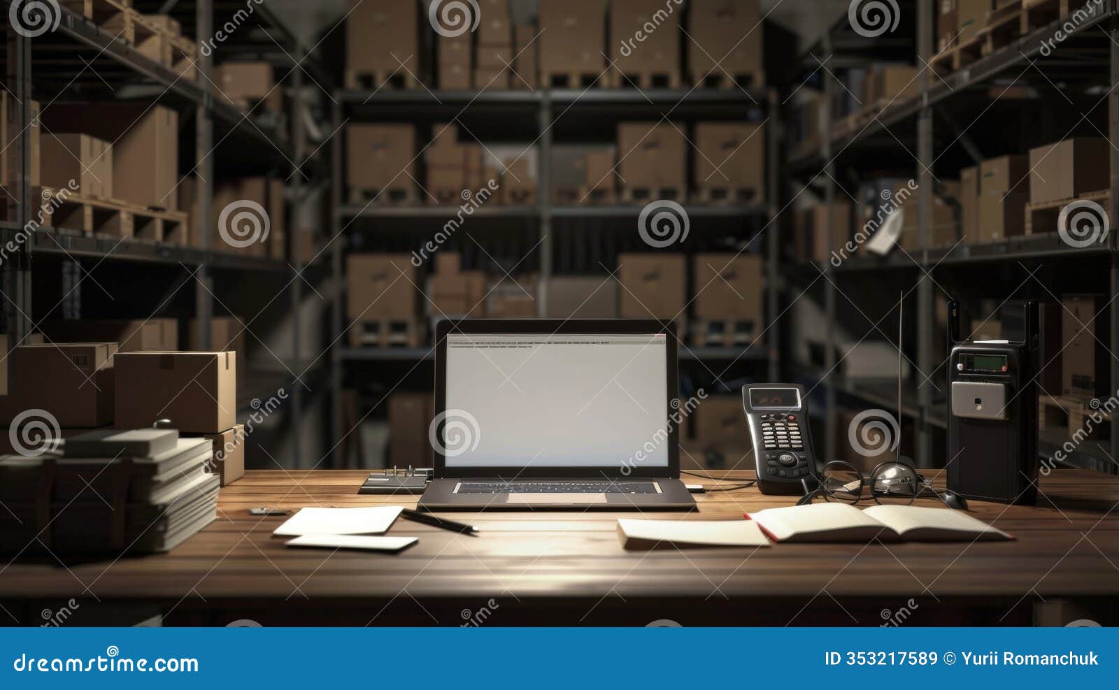 Warehouse Workspace Featuring Wooden Table, Laptop, Barcode Scanner ...