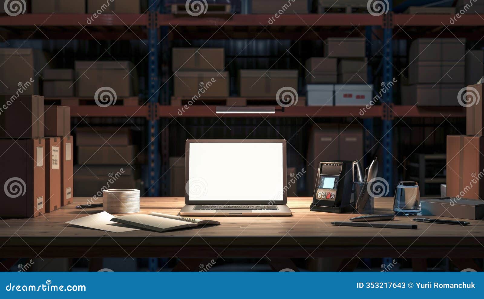 Warehouse Workspace with Wooden Table, Laptop, Barcode Scanner, and ...