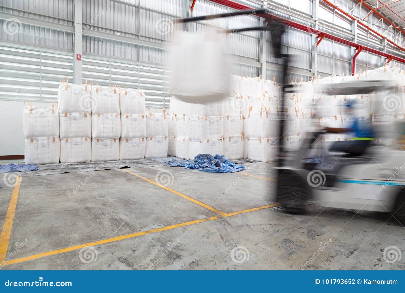 Warehousing. Forklift Driver Stacking Big Bag of Raw Material in Stock ...