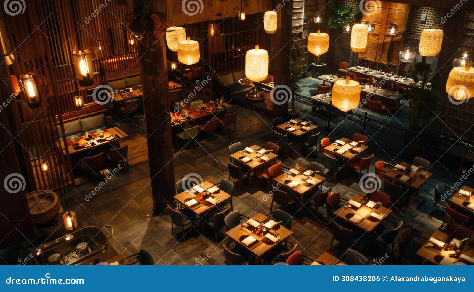 Warm Ambient Interior of a Modern Restaurant with Hanging Lanterns ...