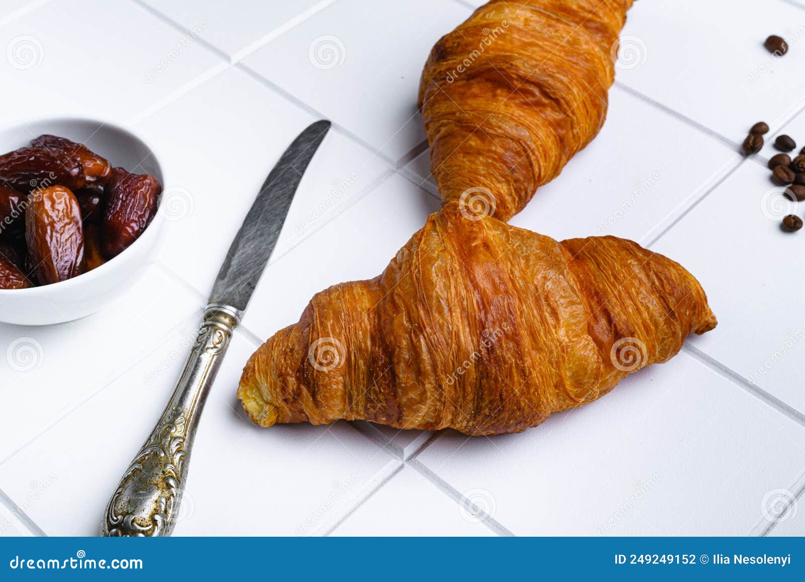 Warm Butter Creamy Baked Croissants Set, on White Ceramic Squared Tile ...