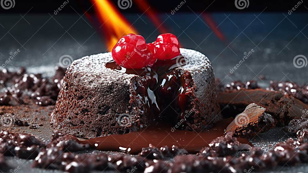Warm Chocolate Lava Cake with Bite Generative AI Stock Illustration ...