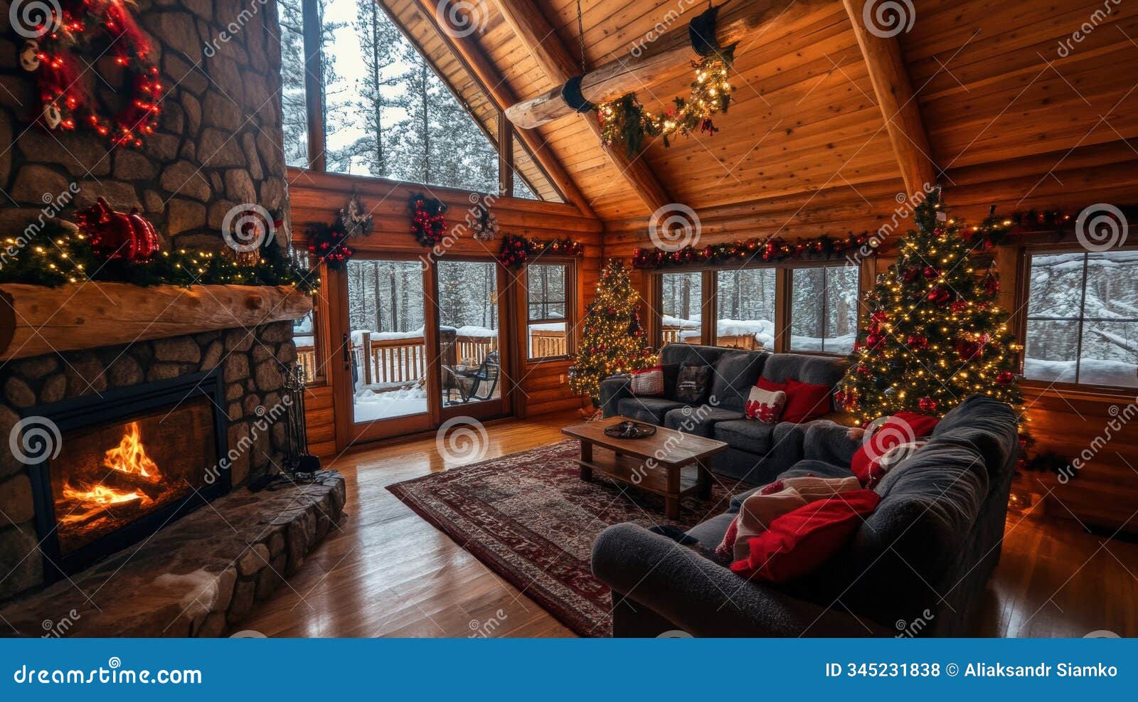 Warm Cozy Cabin Interior with Winter Decorations Stock Illustration ...