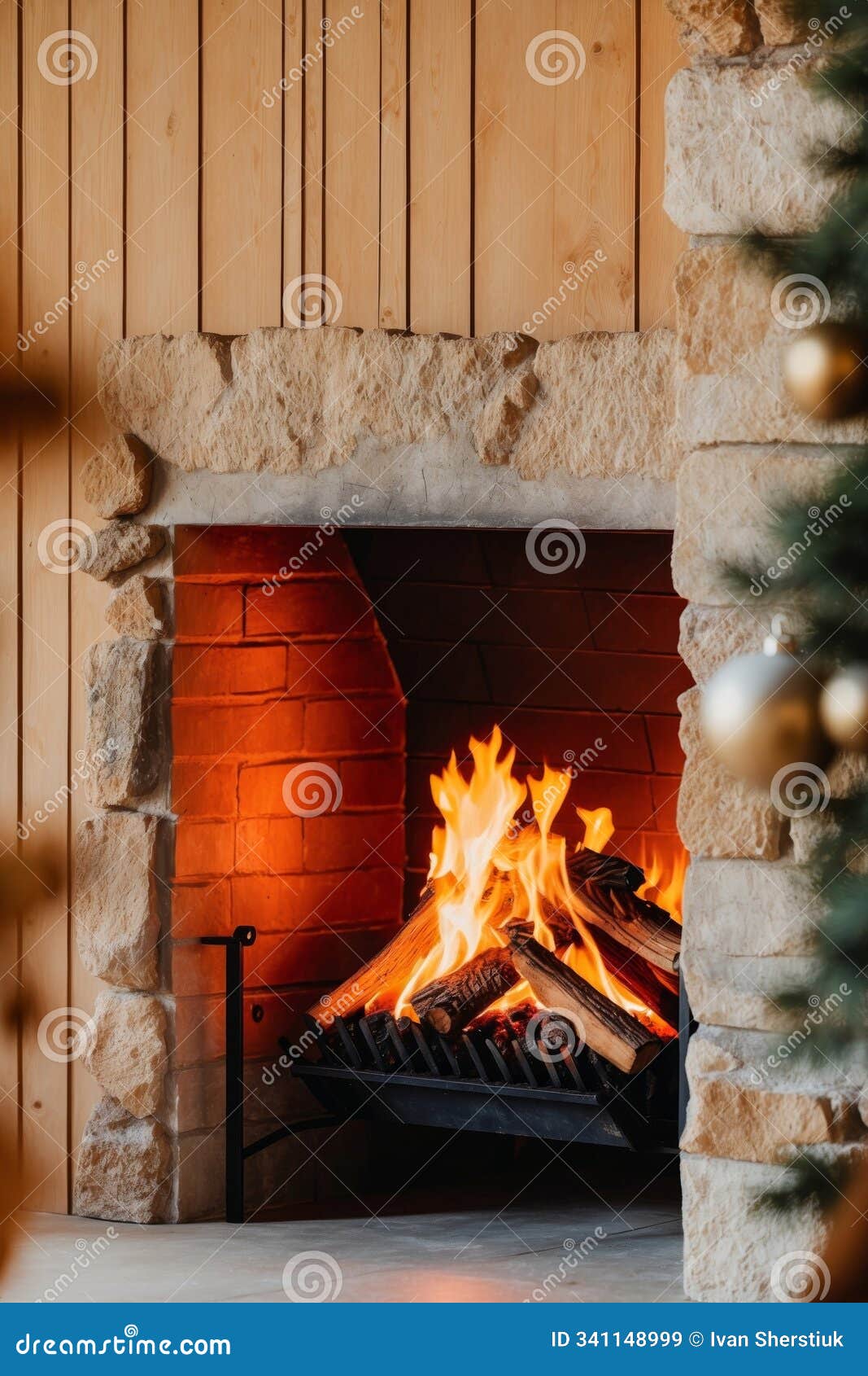 Warm Cozy Fire in Rustic Stone Fireplace. Stock Image - Image of rustic ...