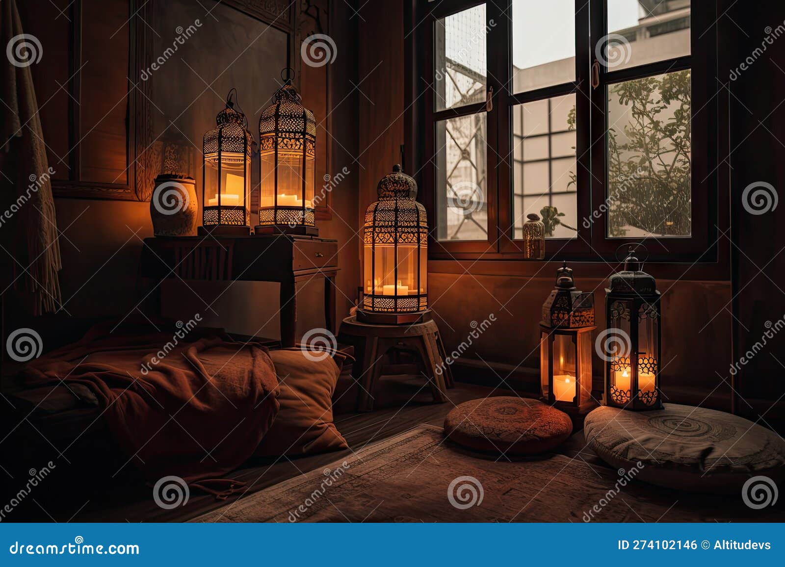 A Warm, Cozy Room with Lanterns Casting a Soft Glow and Shining through ...