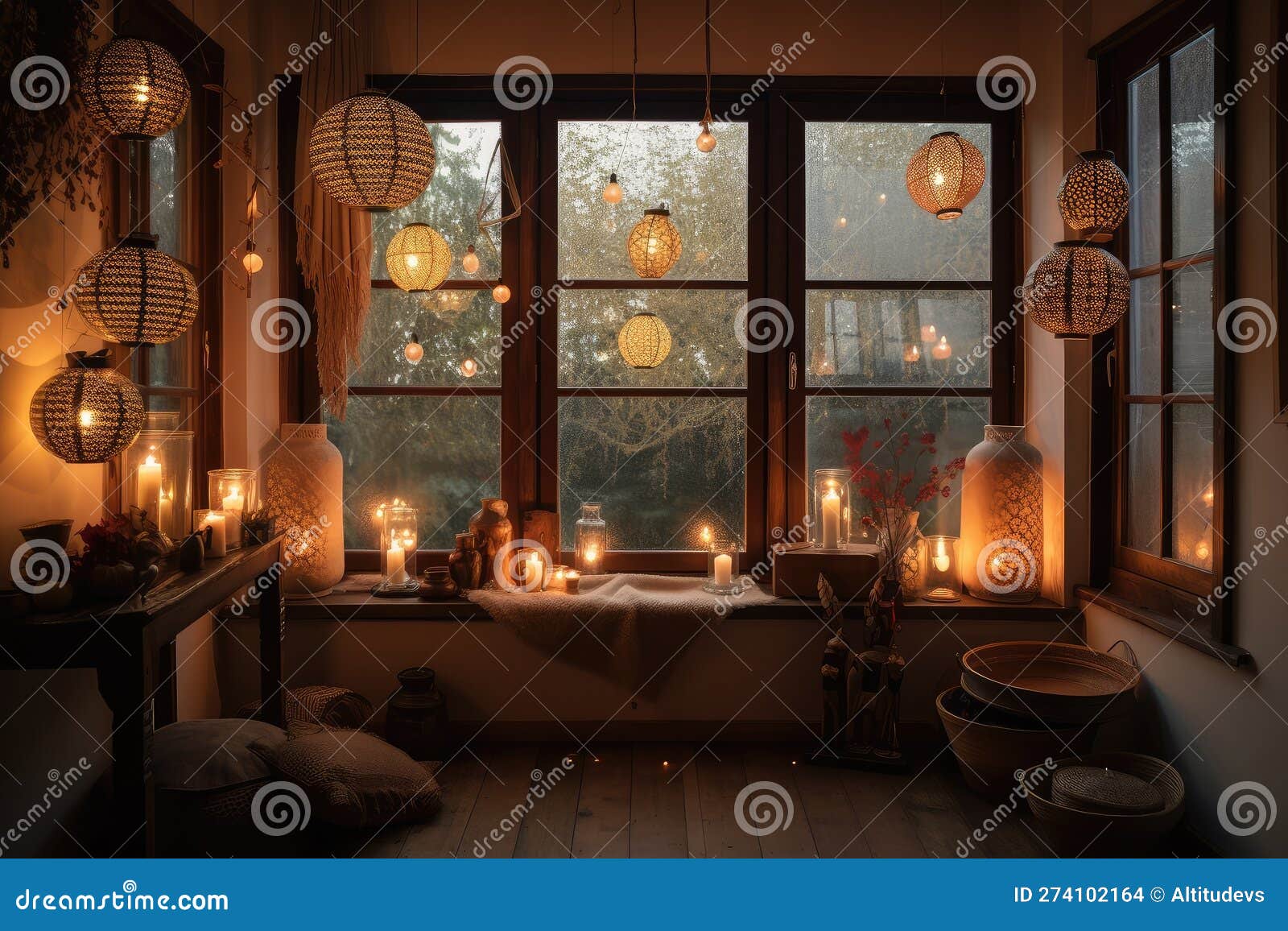 A Warm, Cozy Room with Lanterns Casting a Soft Glow and Shining through ...