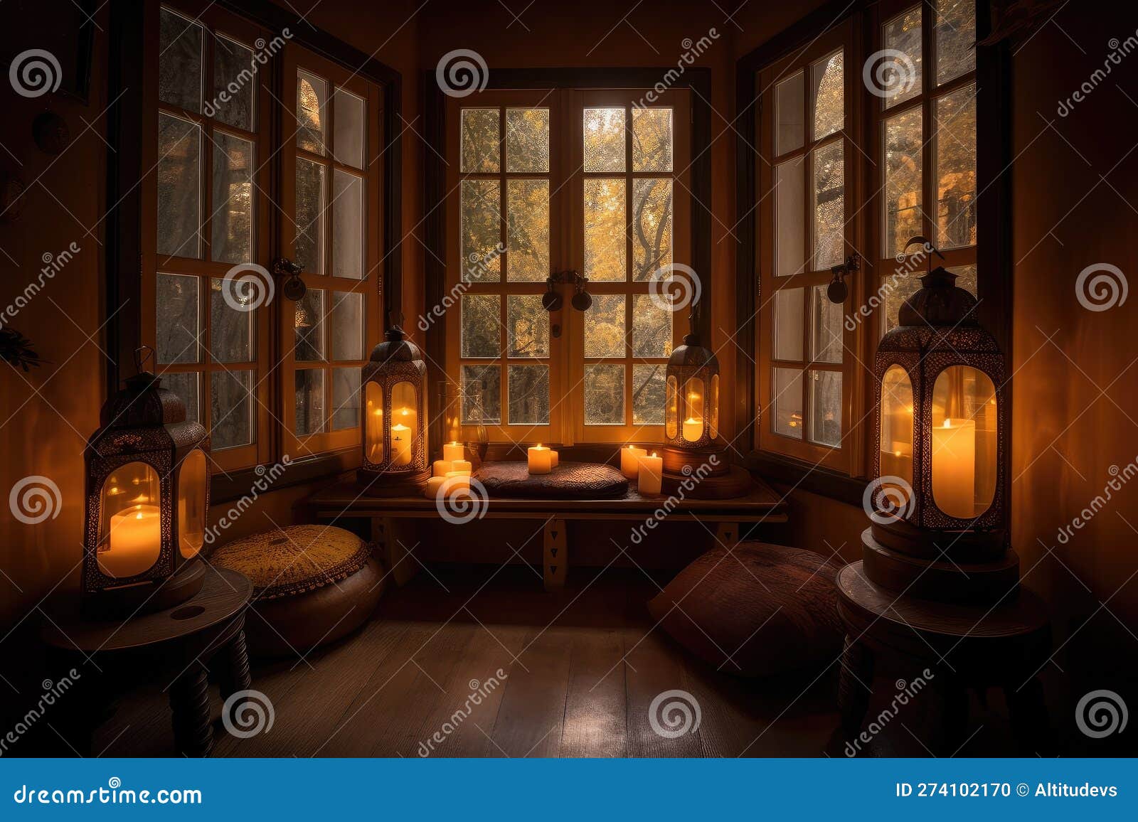 A Warm, Cozy Room with Lanterns Casting a Soft Glow and Shining through ...