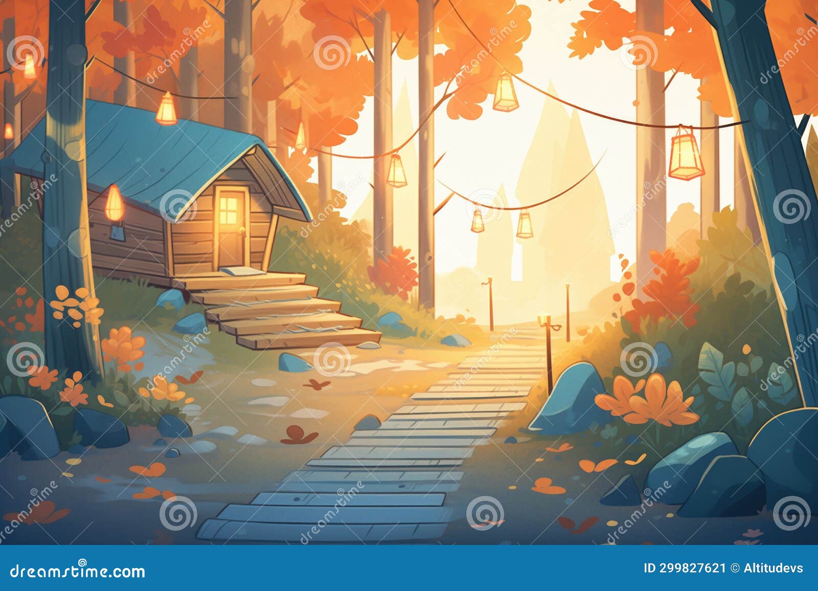 Warm Glow, Lantern-lit Path To Cabin Stock Illustration - Illustration ...
