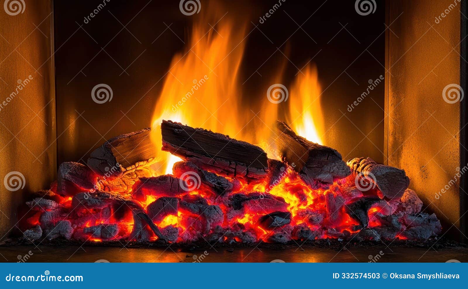 Warm Glowing Fireplace with Burning Firewood Stock Image - Image of ...