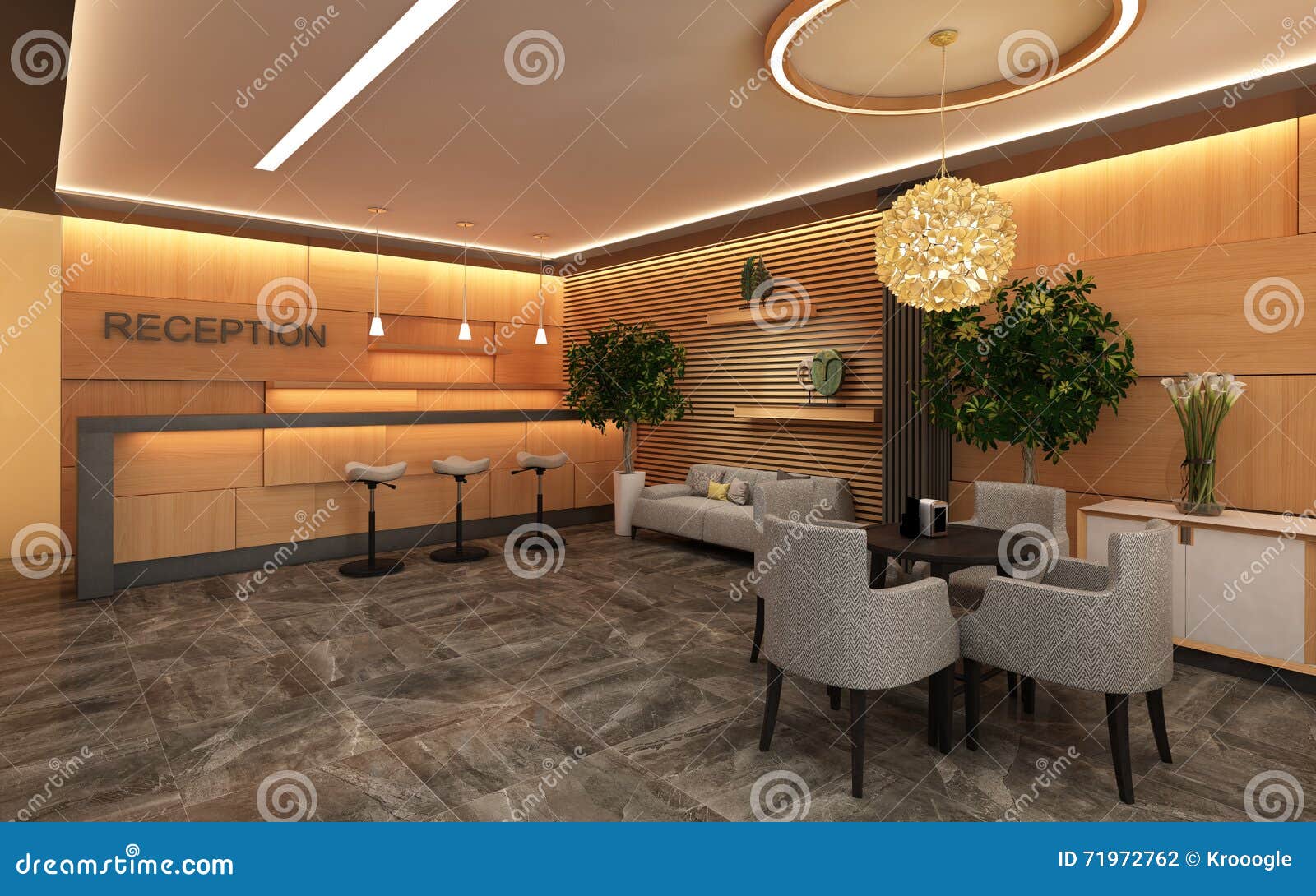 Warm Hotel Lobby with Wood Wall Stock Photo - Image of interior ...