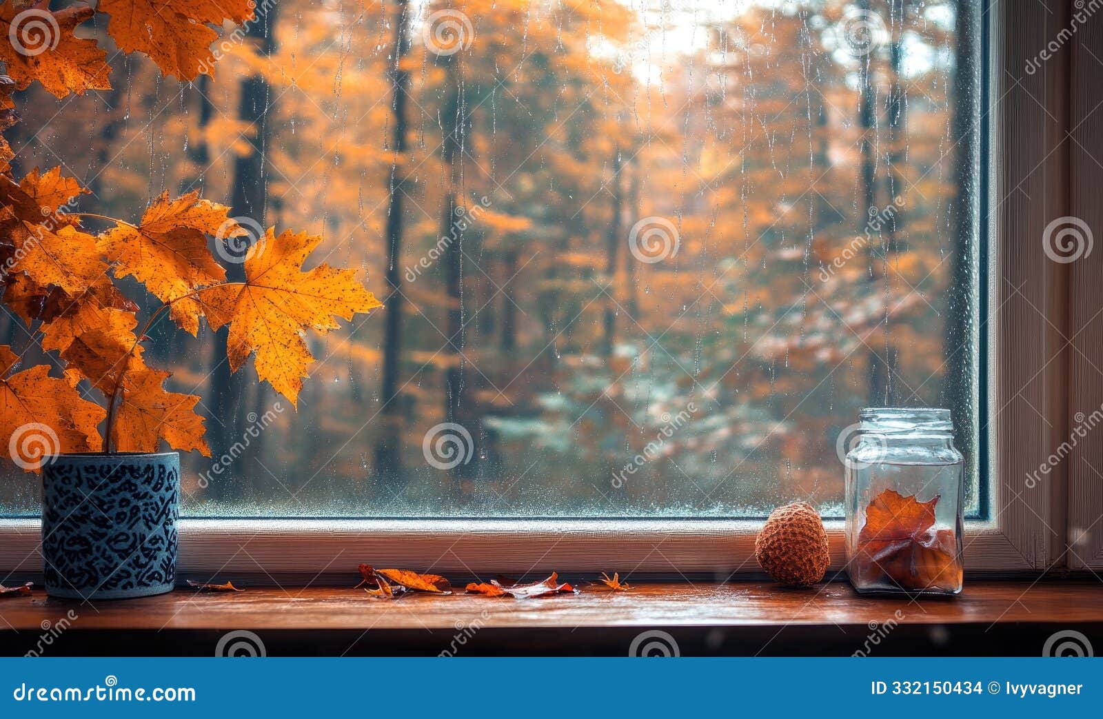 Warm Interior, Panoramic Window, Overlooking Rainy Autumn Landscape ...