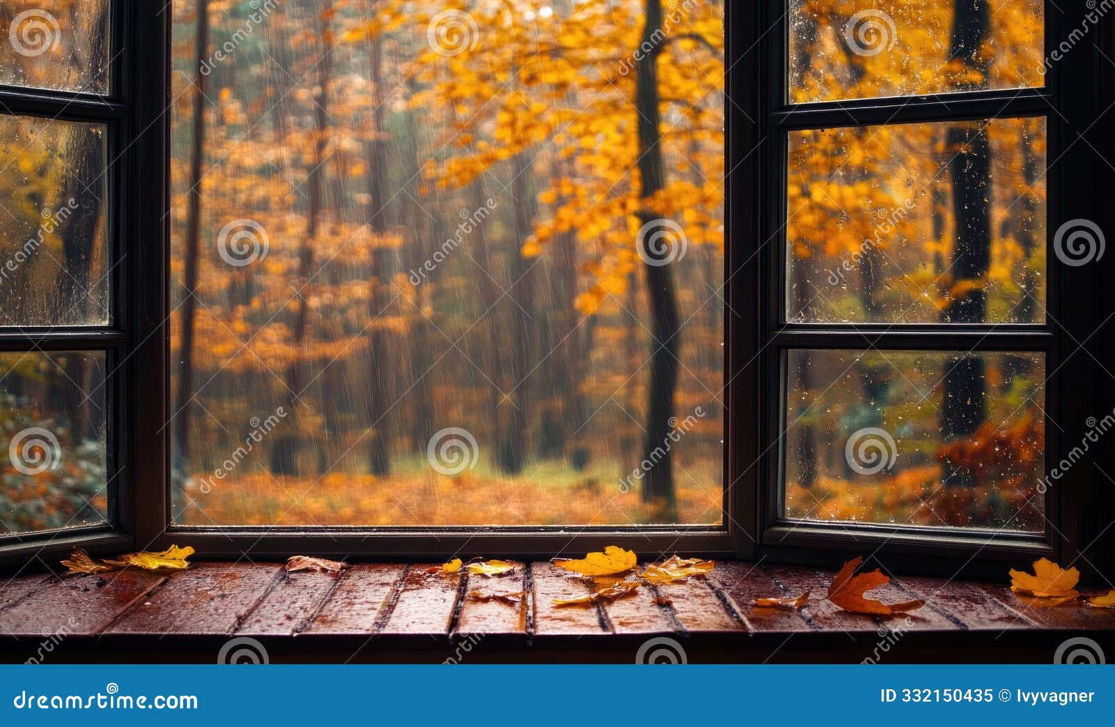 Warm Interior, Panoramic Window, Overlooking Rainy Autumn Landscape ...