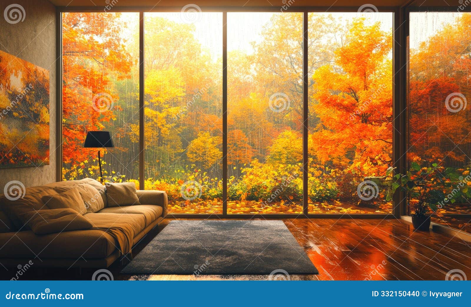 Warm Interior, Panoramic Window, Overlooking Rainy Autumn Landscape ...