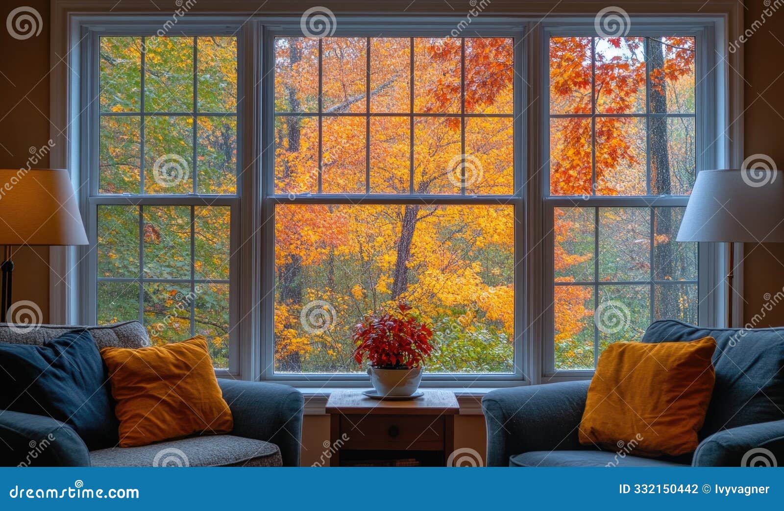 Warm Interior, Panoramic Window, Overlooking Rainy Autumn Landscape ...