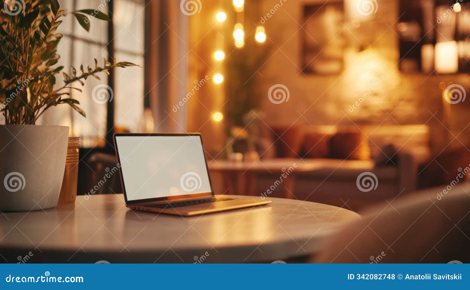 A Warm, Inviting Environment Showcases an Open Laptop on a Round Table ...