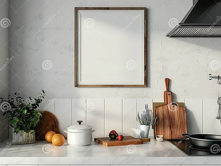Warm and Inviting Kitchen Scene with a Blank Frame on the Wall Stock ...