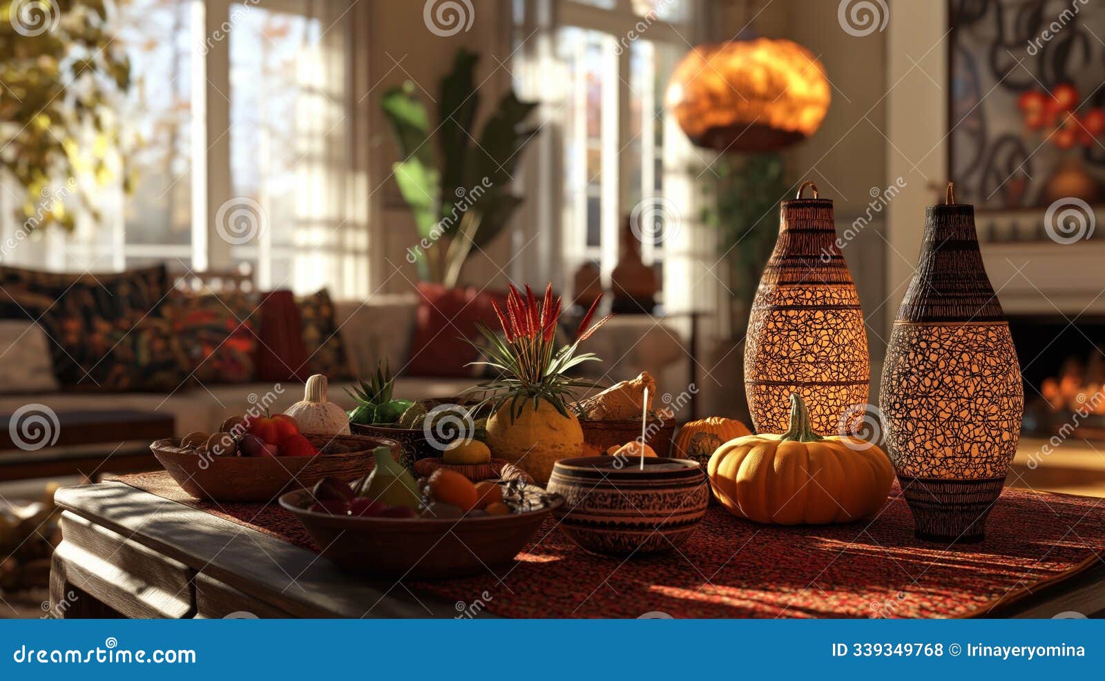 Cozy Multicultural Thanksgiving Gathering in a Festive Living Room with ...