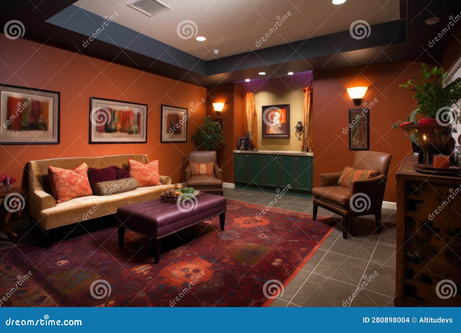 Warm, Inviting Reception Area with Rich Colors and Plush Seating Stock ...