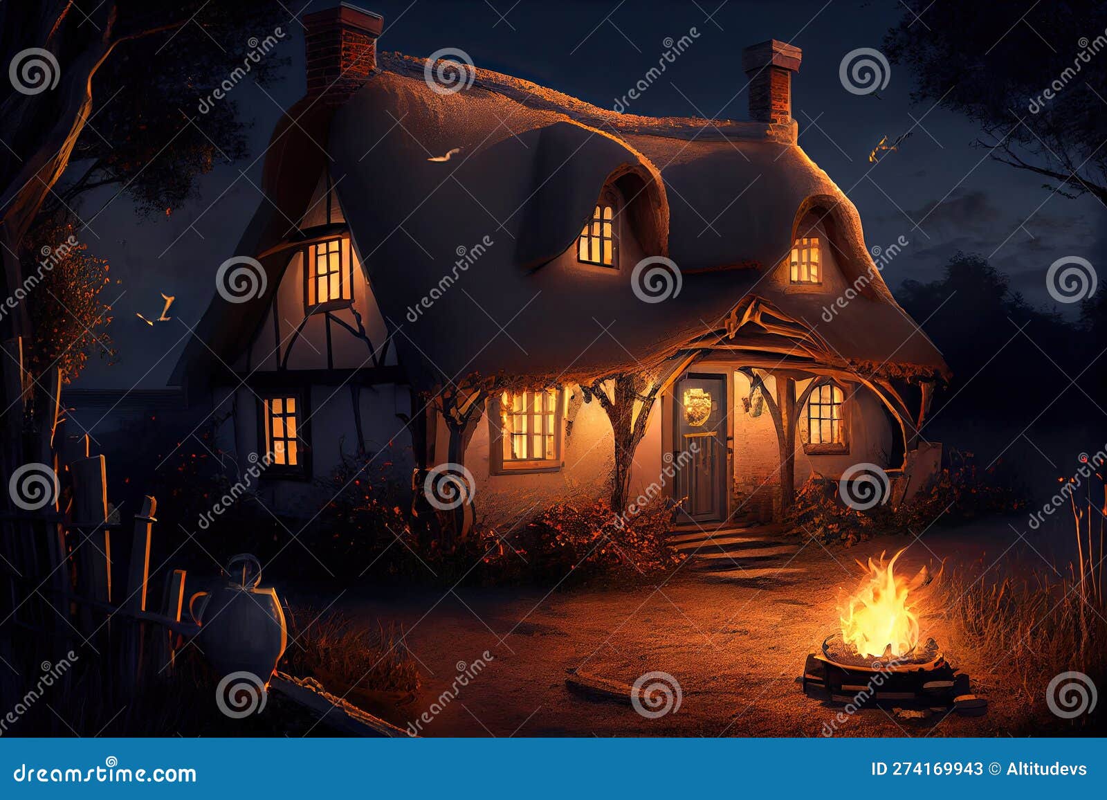 Warm and Inviting Thatched House, with Fire Burning in the Hearth, and ...
