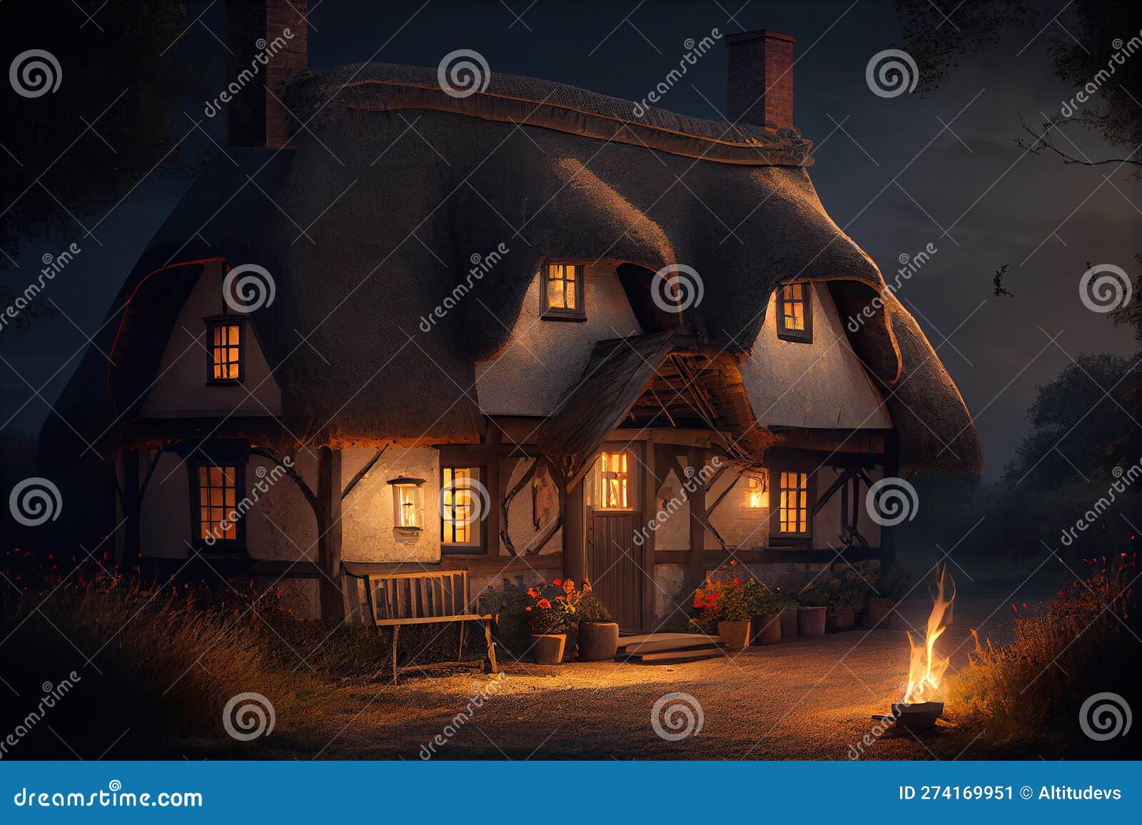 Warm and Inviting Thatched House, with Fire Burning in the Hearth, and ...