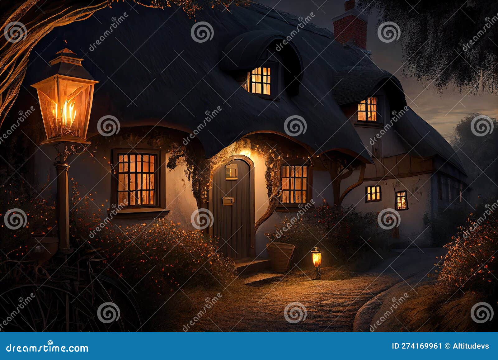 Warm and Inviting Thatched House, with Fire Burning in the Hearth, and ...
