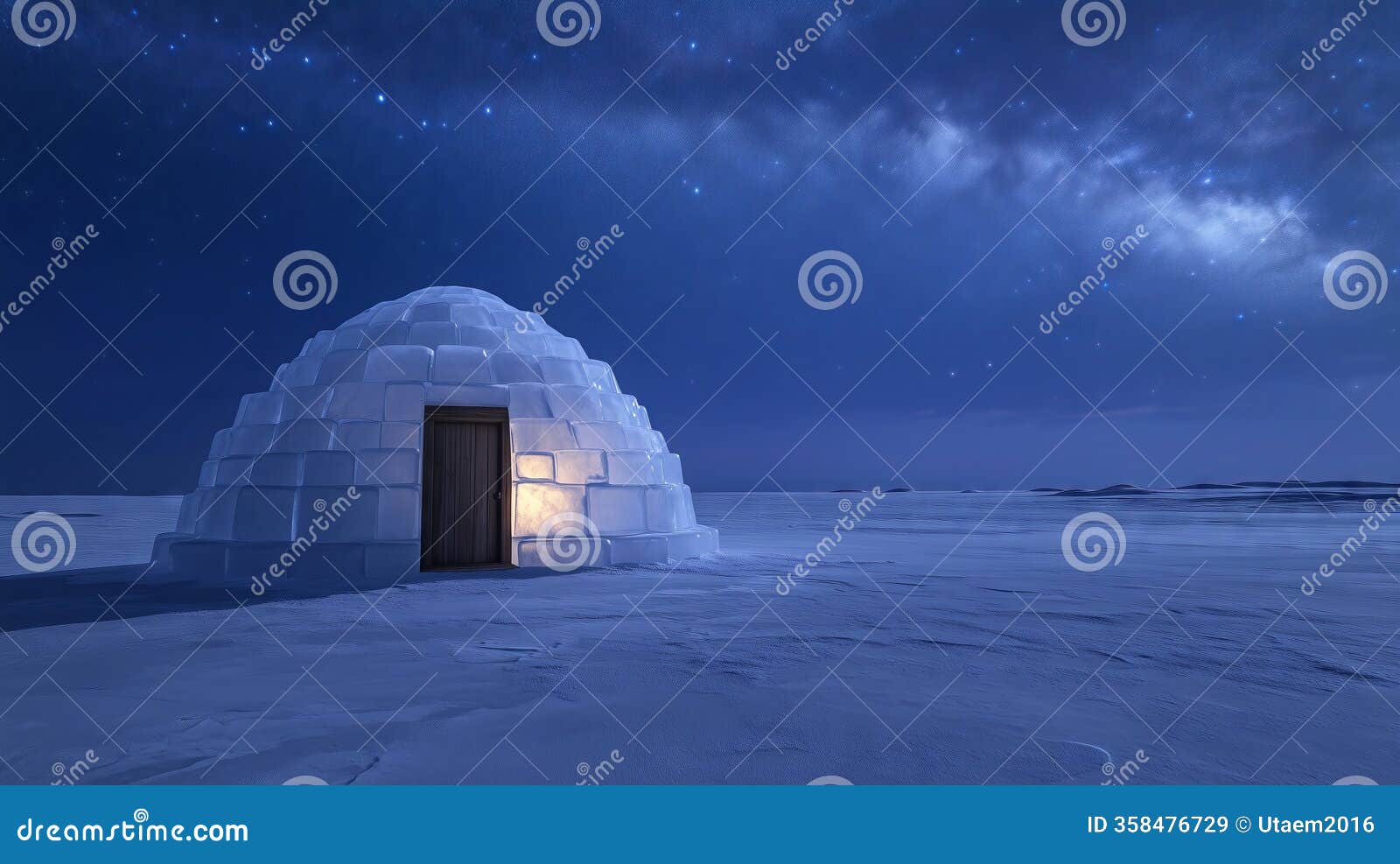 Warm Light Inside Igloo Under Starry Night Sky in Arctic Environment ...