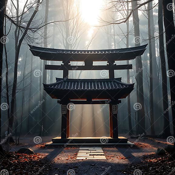 Warm Light on Japanese Shrine in Forest Stock Illustration ...