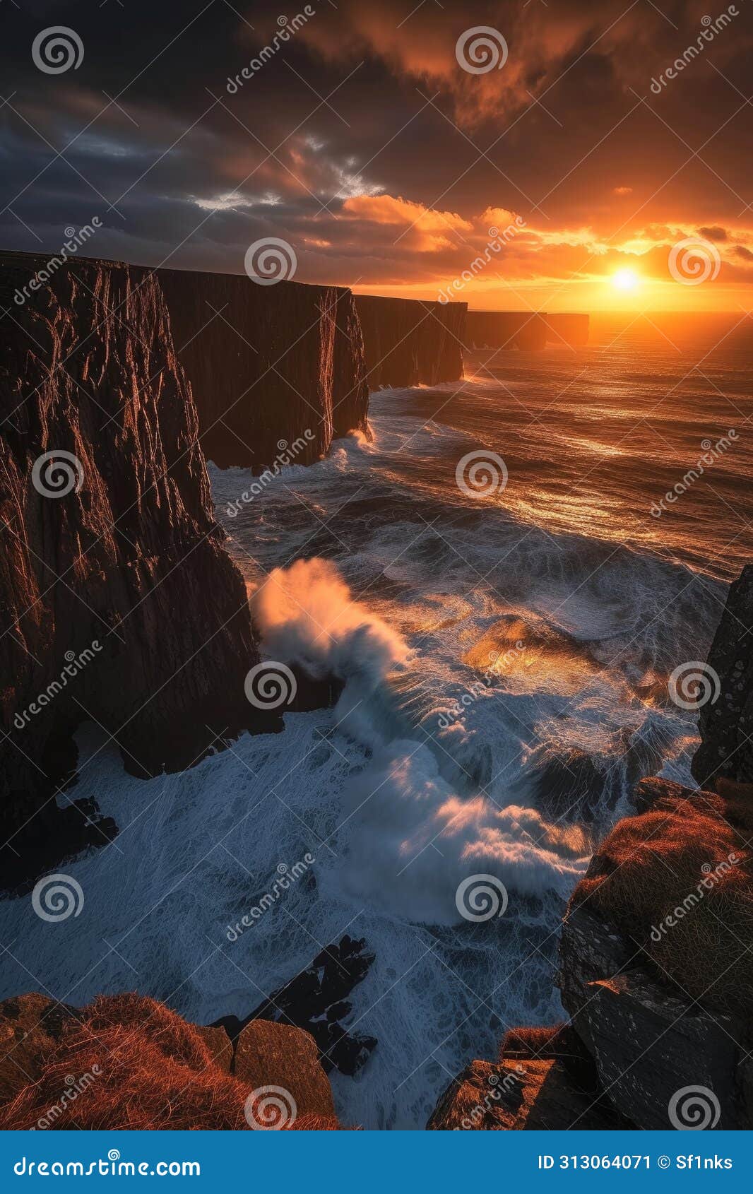 The Warm Light of Sunset Bathes Towering Sea Cliffs, As Waves Crash ...