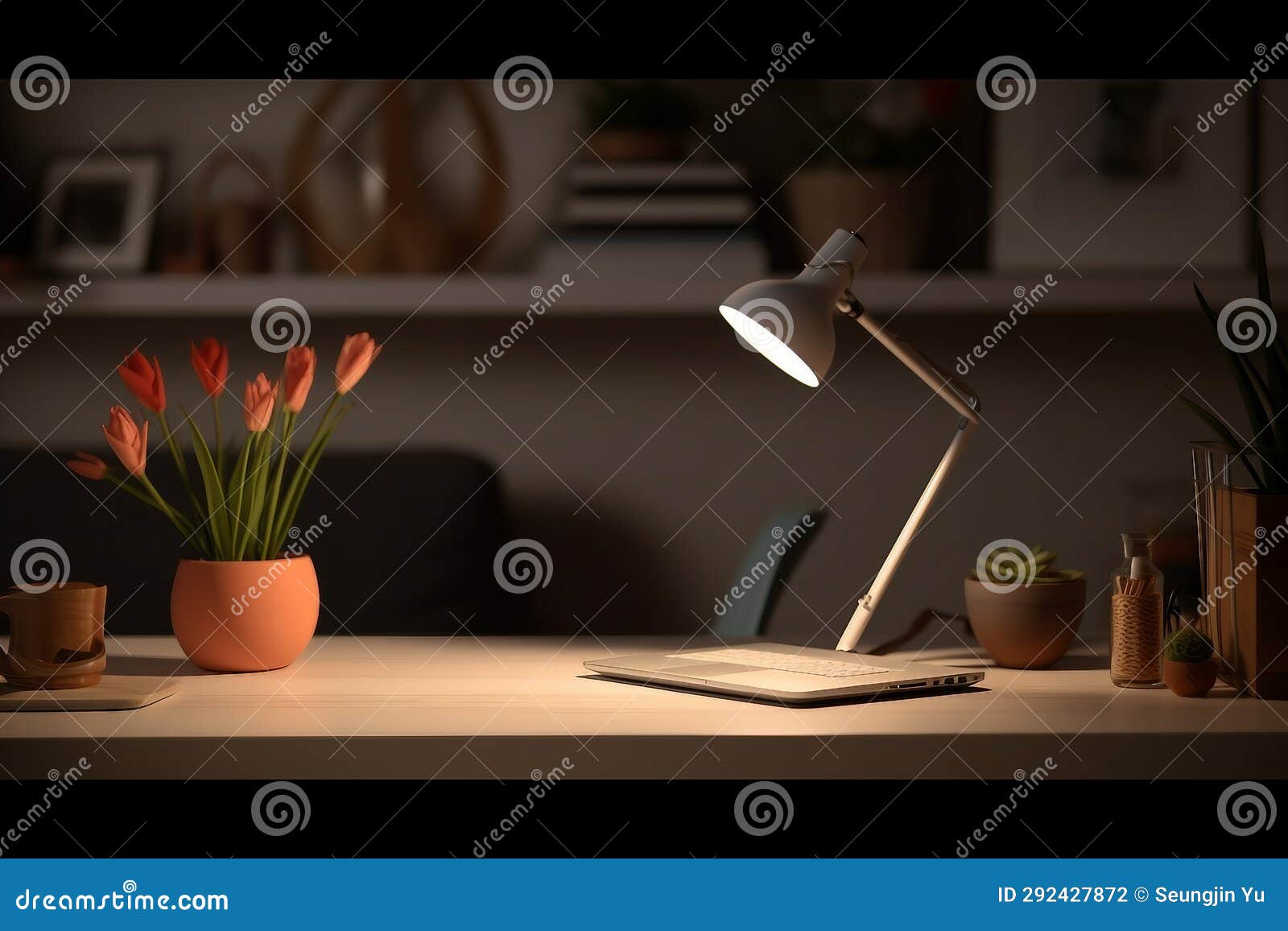 Warm Light from Table Lamp with Laptop Computer, Accessories and Copy ...