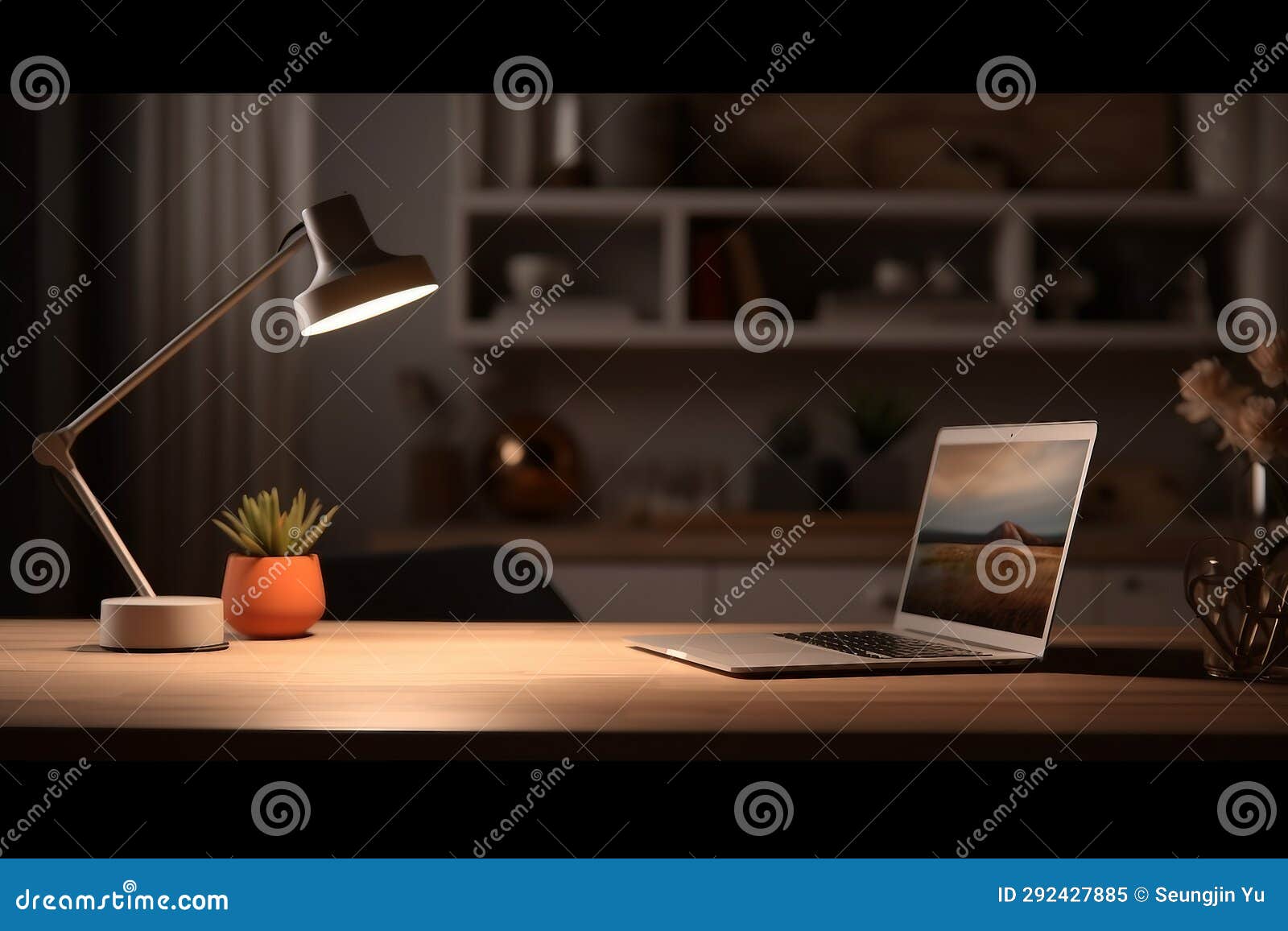 Warm Light from Table Lamp with Laptop Computer, Accessories and Copy ...