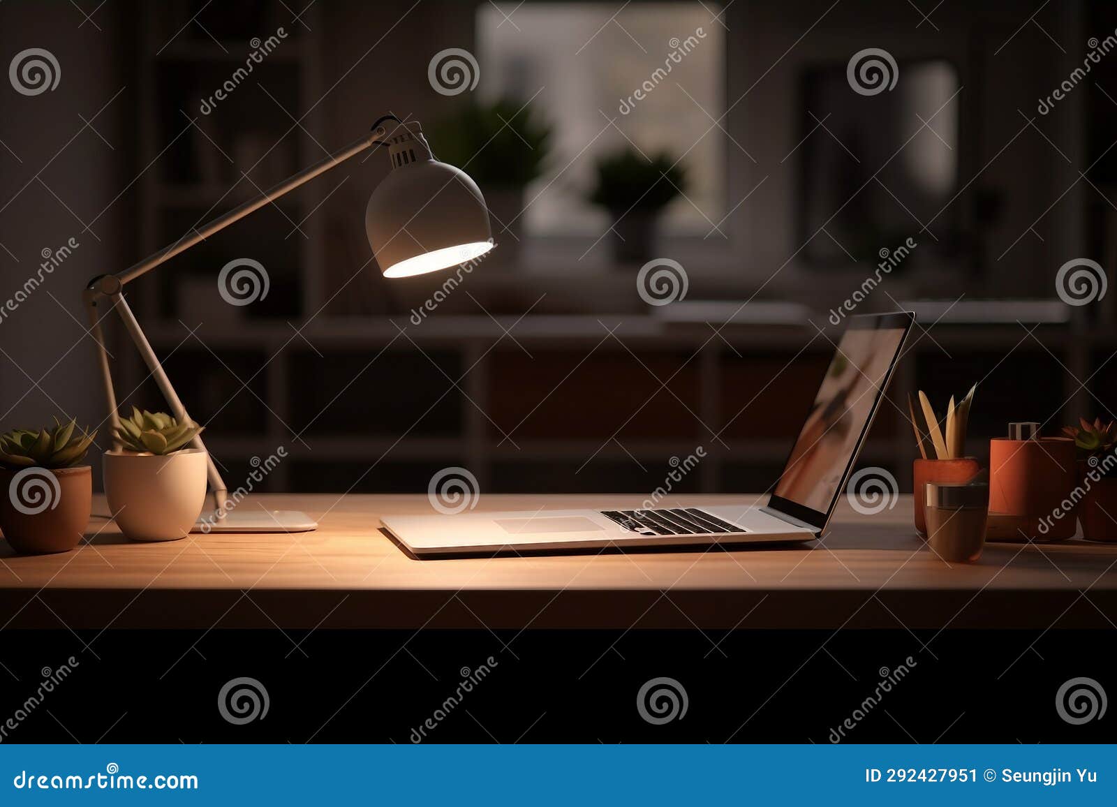 Warm Light from Table Lamp with Laptop Computer, Accessories and Copy ...