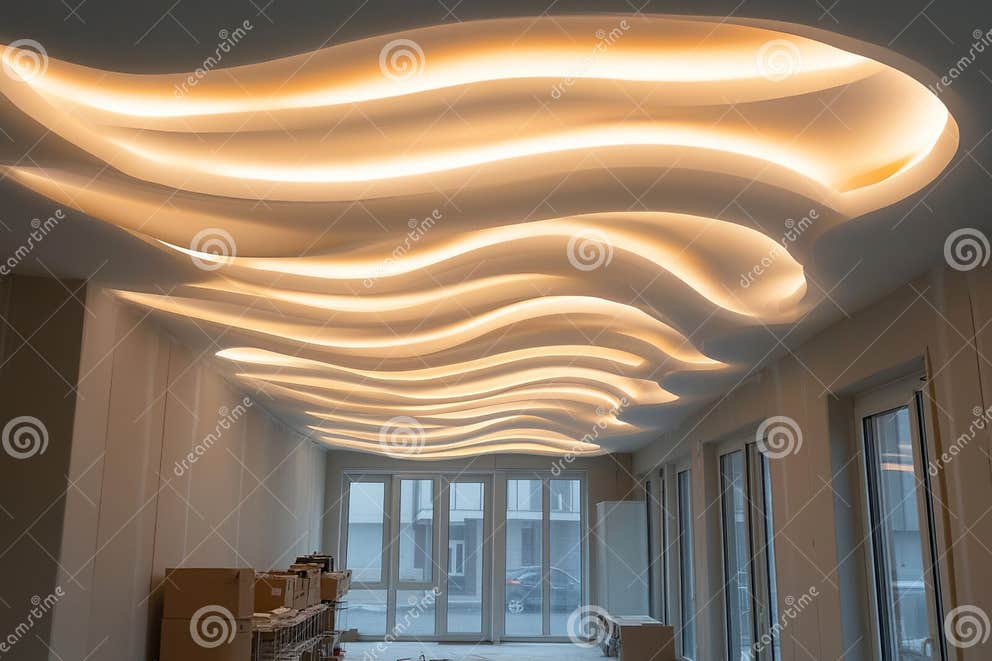 Warm Lighting Creating a Wavy Pattern on the Ceiling of an Empty Room ...