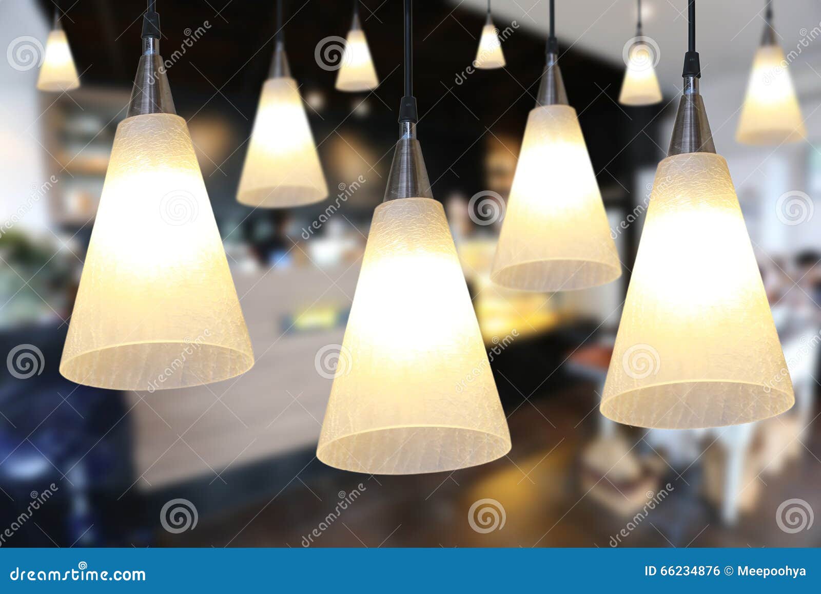 Warm Lighting Modern Ceiling Lamps in the Cafe. Stock Photo - Image of ...