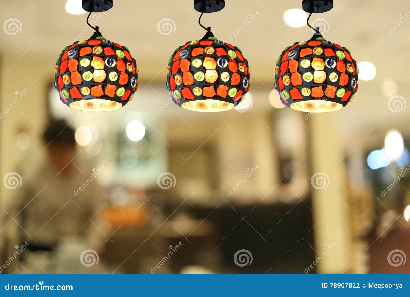 Warm Lighting Modern Ceiling Lamps in the Cafe. Stock Photo - Image of ...